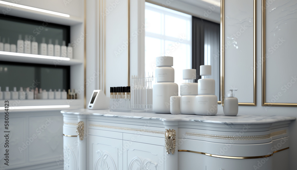 White glossy counter with skincare, cosmetic, treatment product in ...