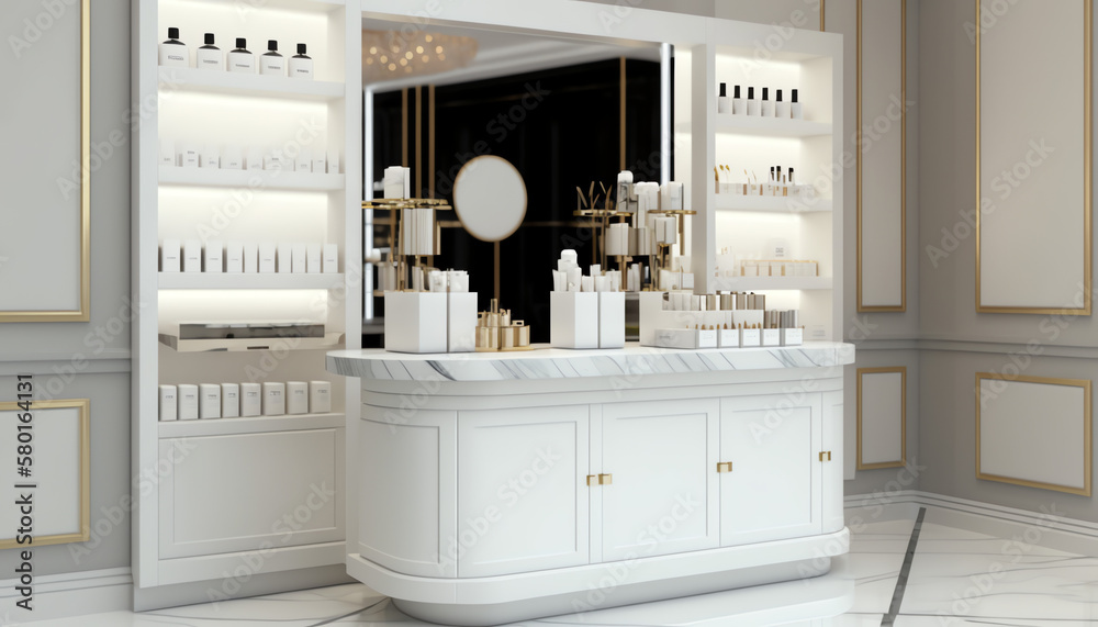 White glossy counter with skincare, cosmetic, treatment product in ...
