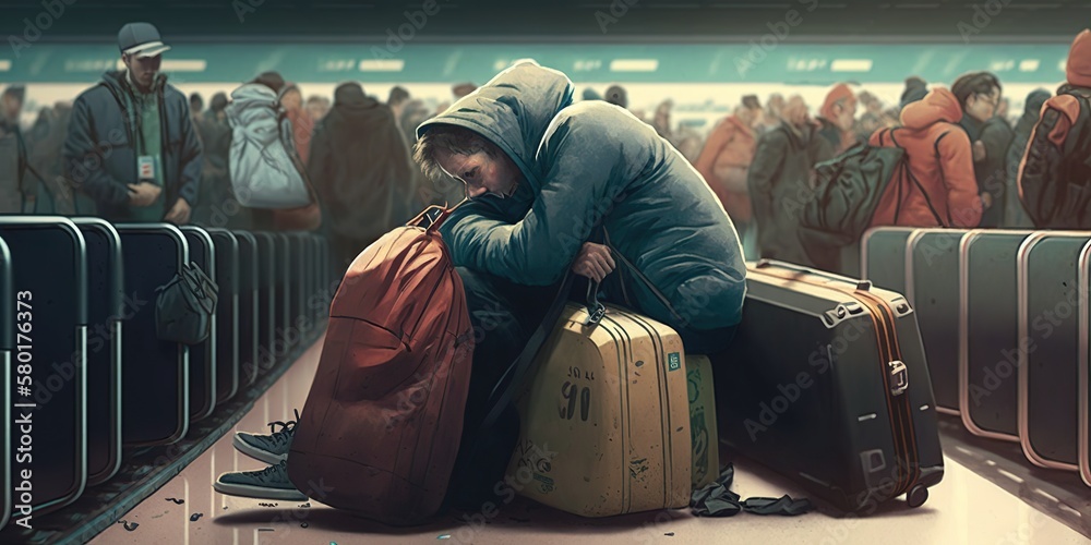 Person dragging heavy suitcase along crowded and noisy airport terminal ...