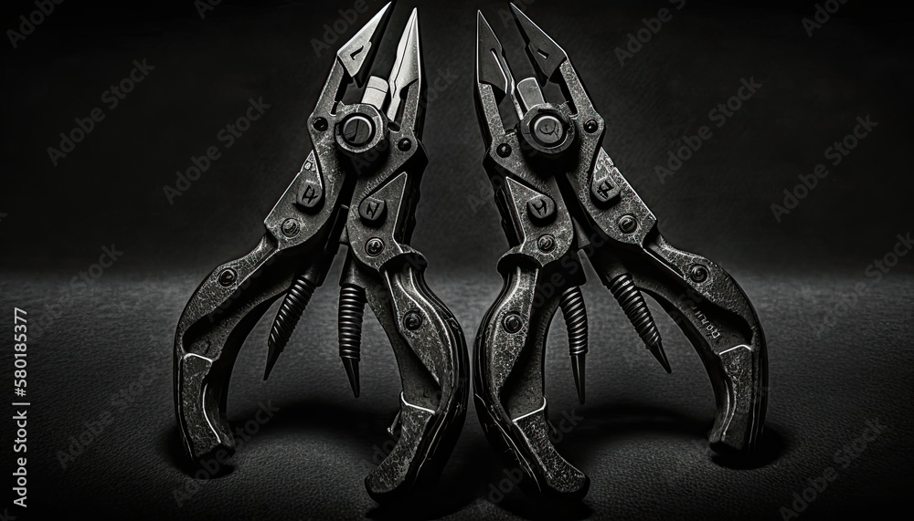 A pair of industrial-sized bolt cutters on a black background, with ...