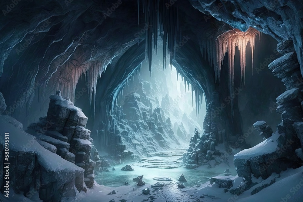 the frozen cavern, with its icicles and glistening snow covering the ...