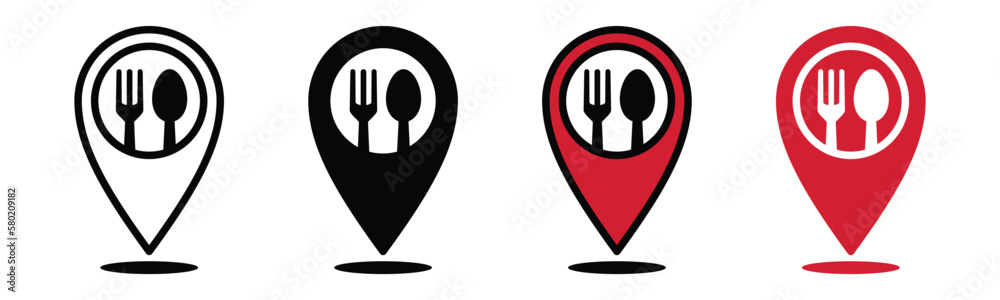 Restaurant map pins icon set. Restaurant location pins. Spoon and fork ...