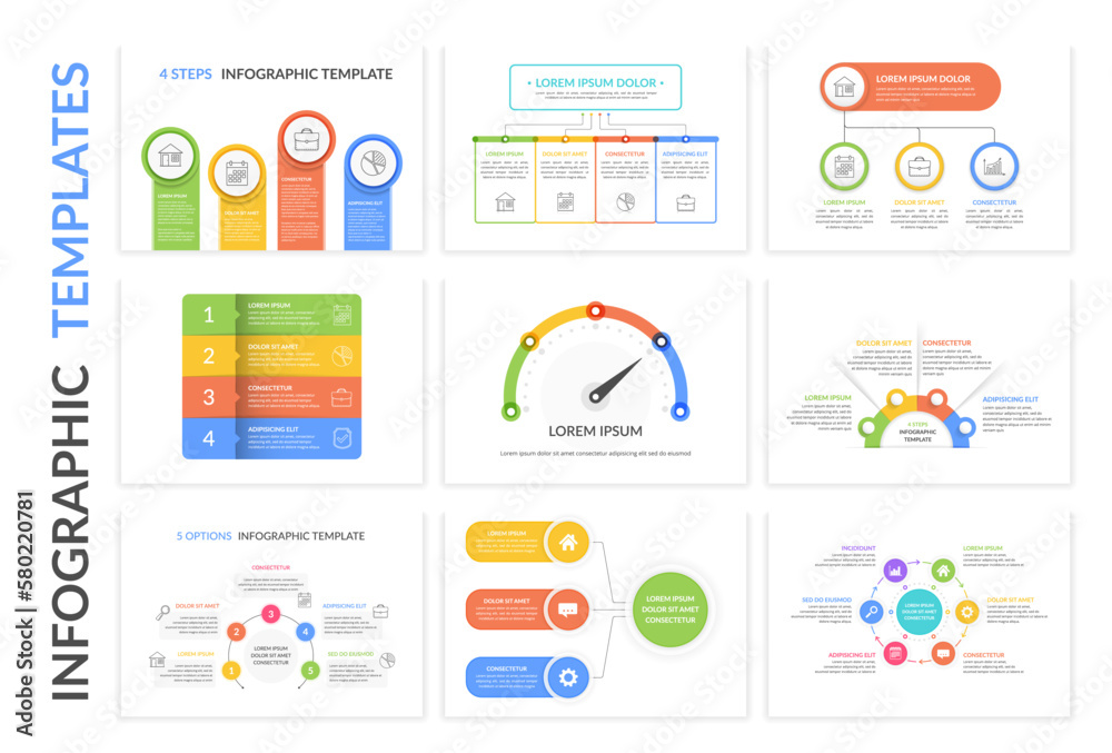 Set of 9 colorful infographic templates - process, flowchart, gauge ...