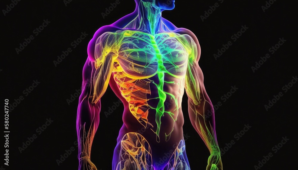 Translucent human body muscles colorful neon glowing on dark background ...