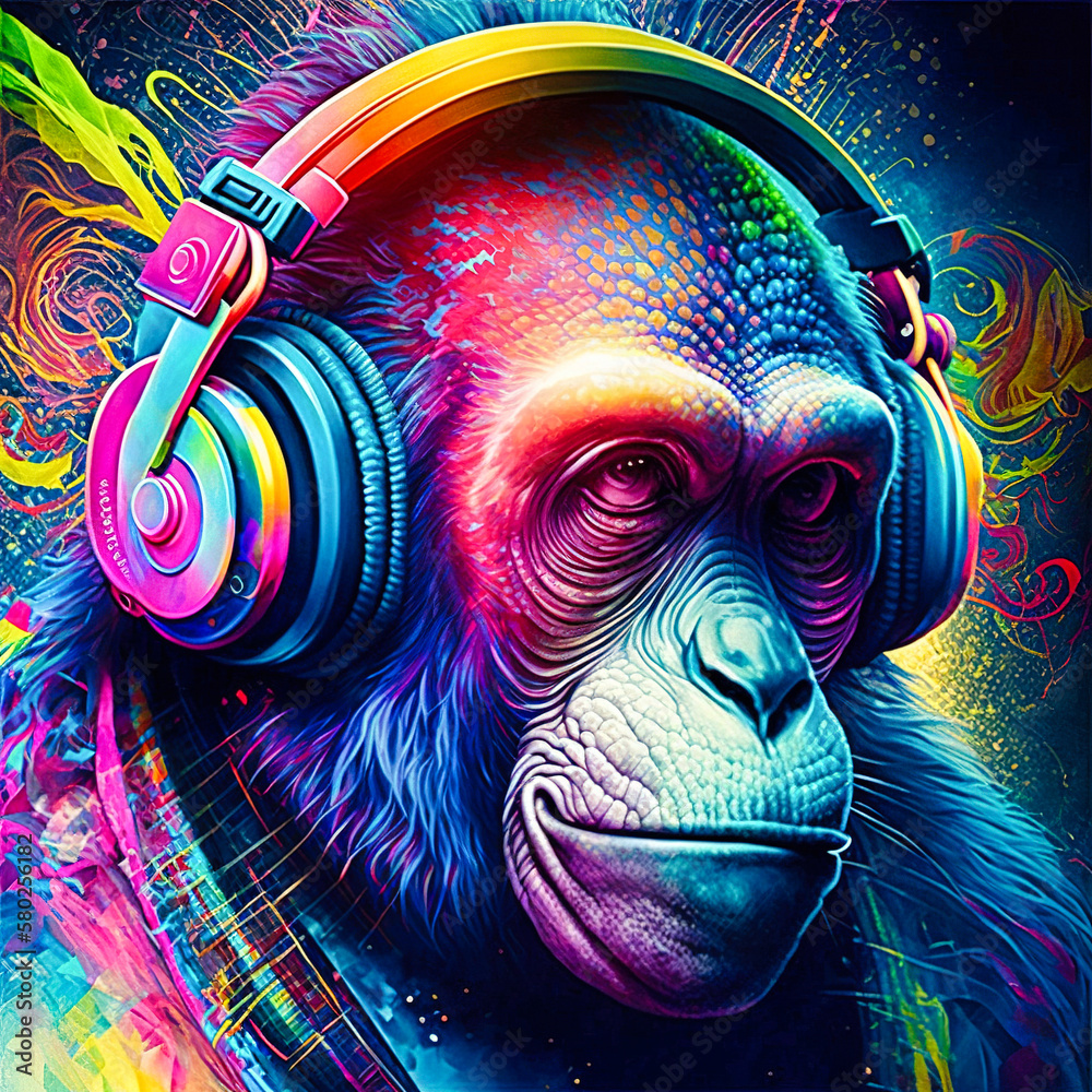DJ monkey with headphones listening to music. Music graphite poster ...