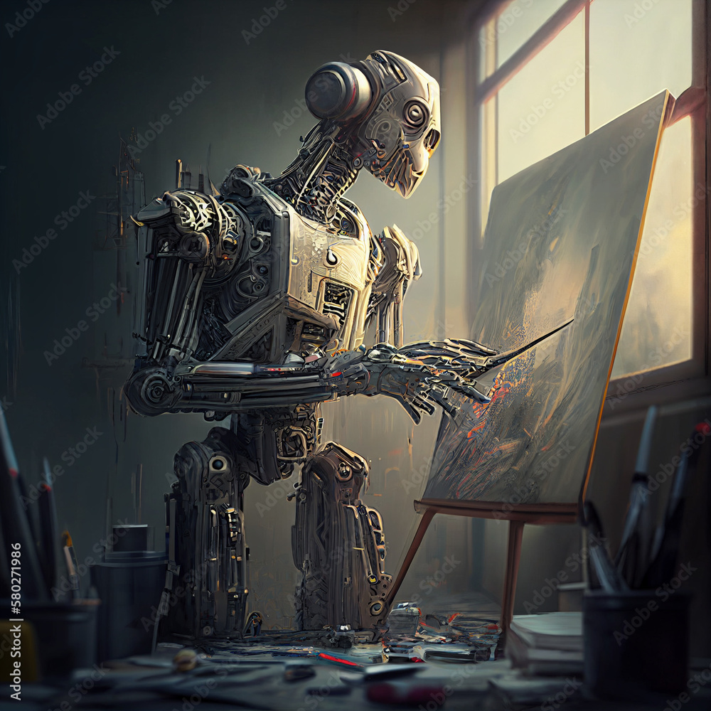 Ilustración de Stock Roboartist painting its artwork piece, robots ...