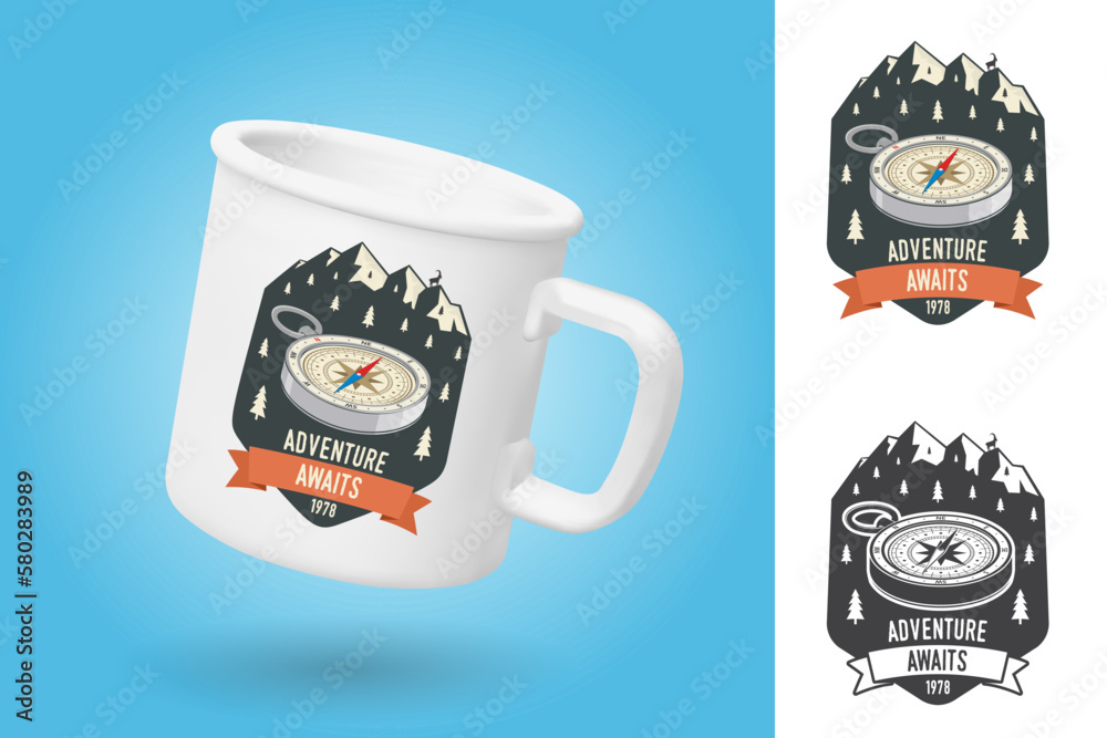 White camping cup. Realistic mug mockup template. Adventure awaits ...