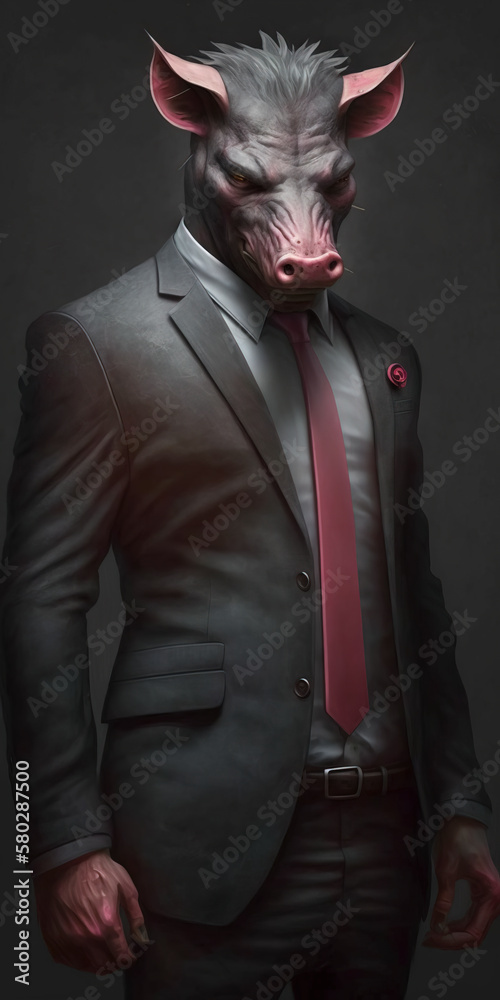 Pig with red eyes and evil face dressed as a businessman created using generative AI technology ...