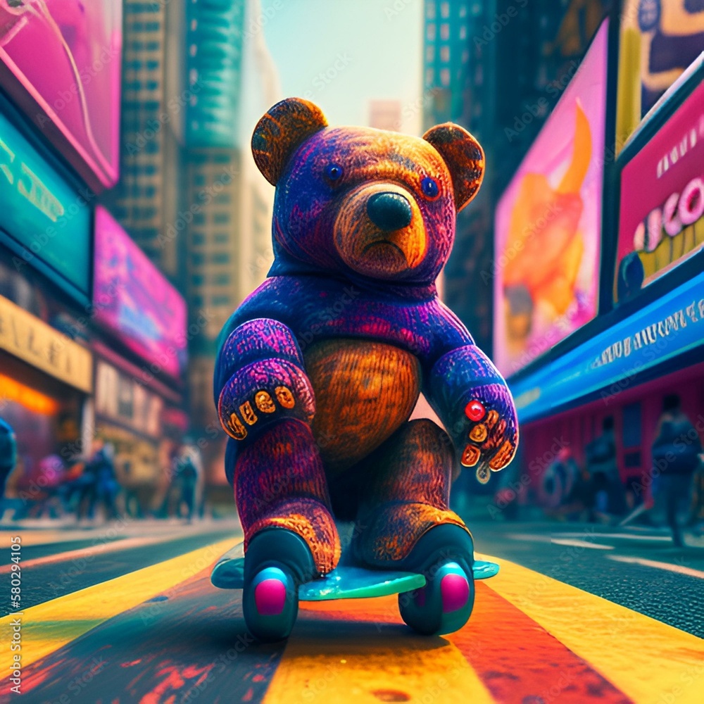 Teddy bear rides a skateboard in Times Square, New York City. Stock ...