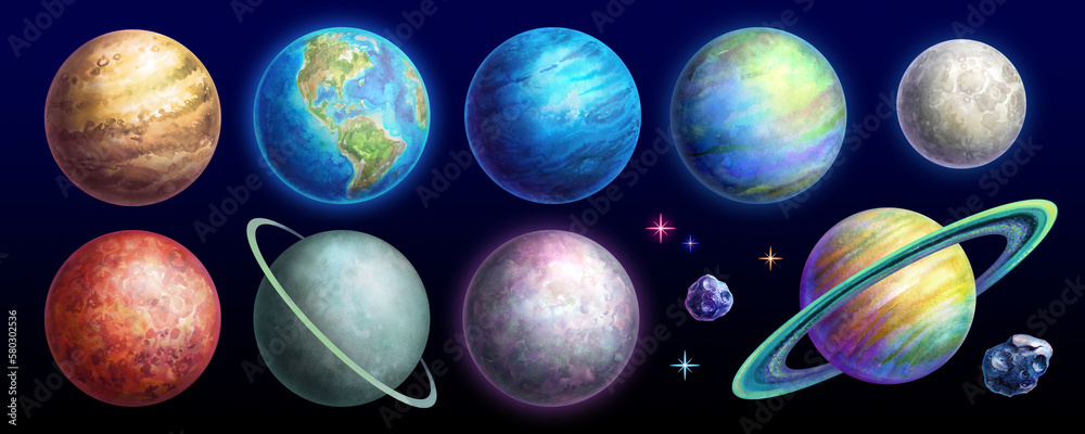 watercolor illustration, space clip art. Collection of colorful solar ...
