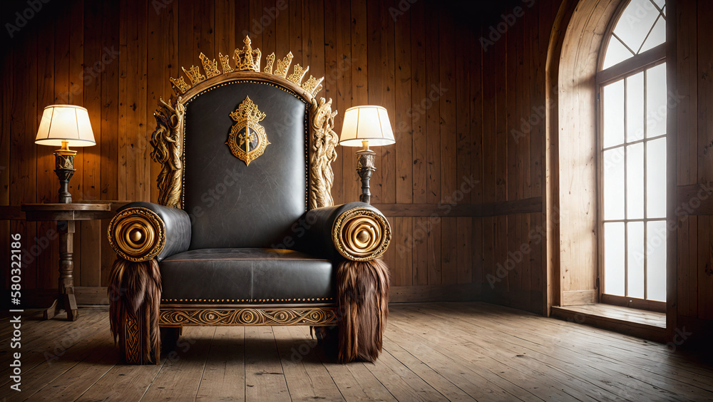 empty royal chair made of leather and wood with carvings in room with ...
