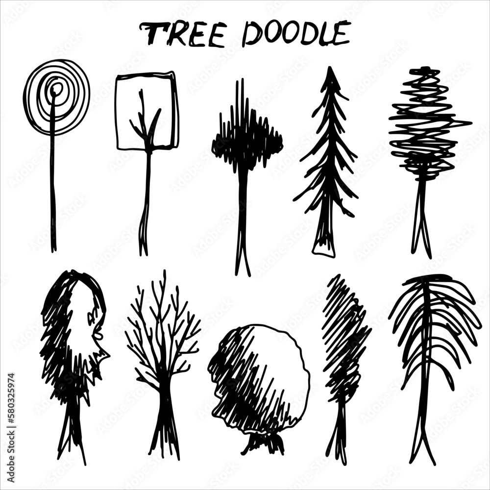 Doodle set trees. Hand-drawn icons. Botanical logos, clipart, template ...