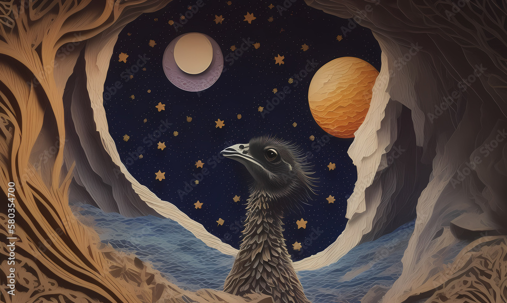 Paper application of a bird in an alien outer space. created with the ...