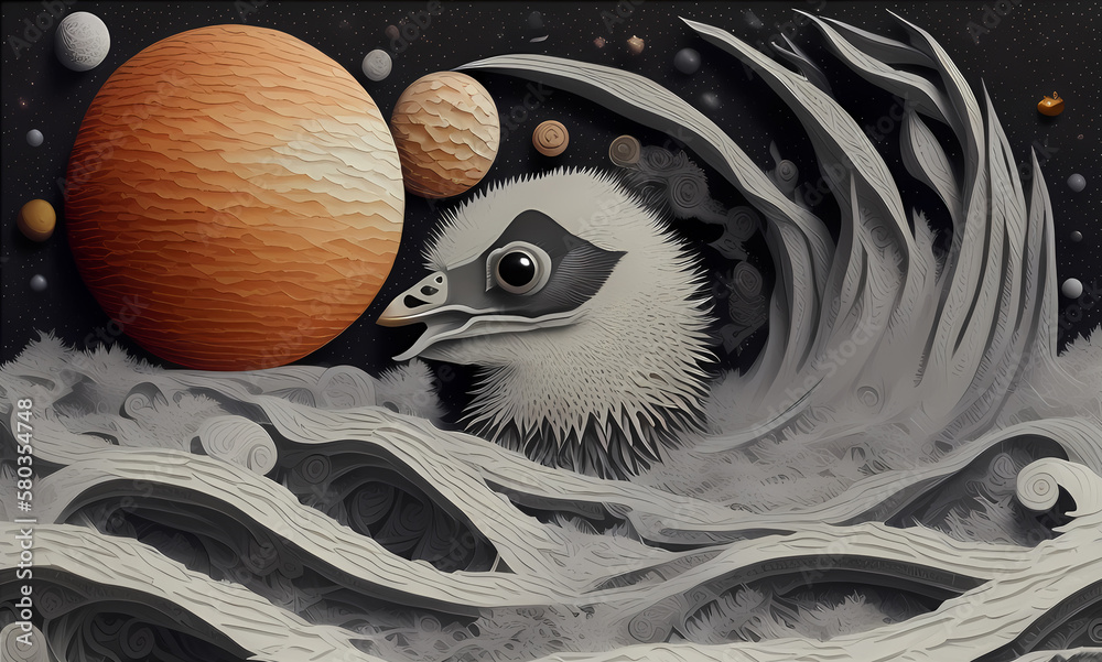 Paper application of a bird in an alien outer space. created with the ...