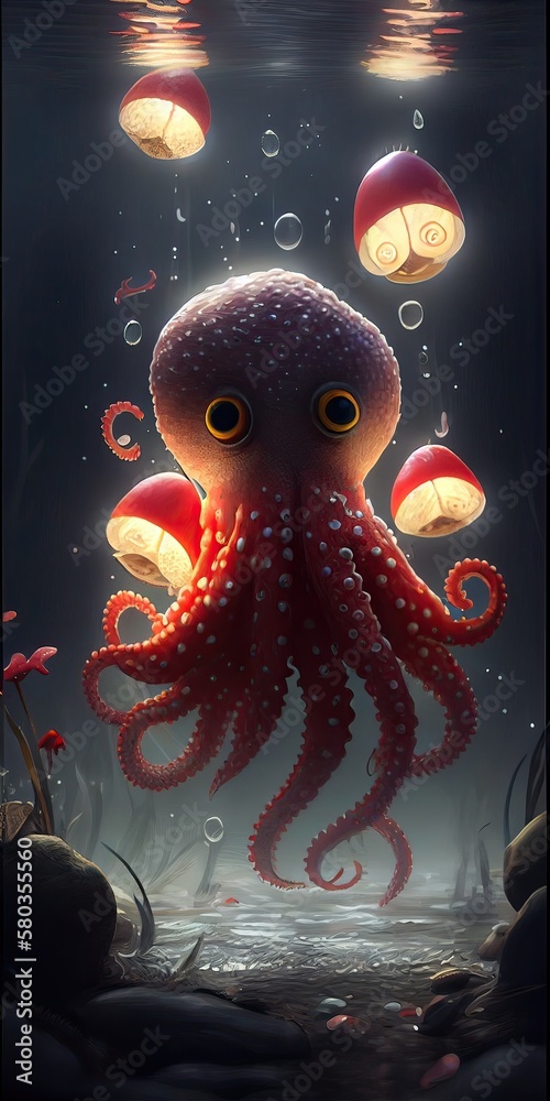 An octopus with an almost red and pink marbled skin moves among brown ...