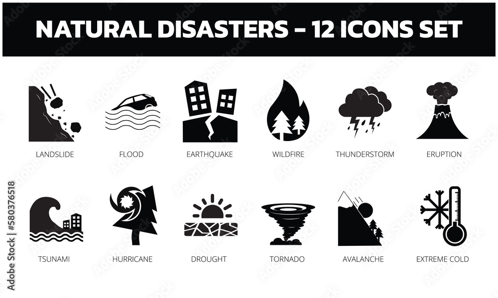 Natural Disasters icon set. Includes icons such as Earthquake, Flood ...