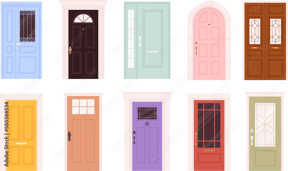 Cartoon front different doors, retro facade door elements. Home ...