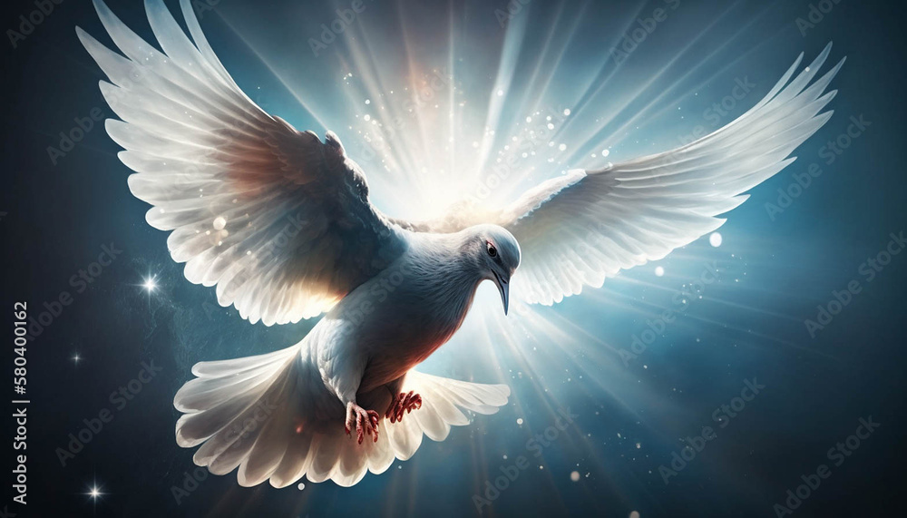 white dove illuminated by the rays of the sun. Concept of resurrection of Jesus Christ. Holy ...