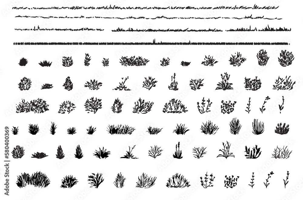 Praca wektorowa bez tantiem: set of grass line cad and silhouettes ...