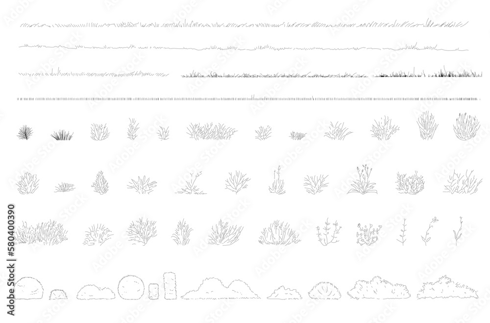 set of grass line cad, minimal isolated on white background. Ground ...