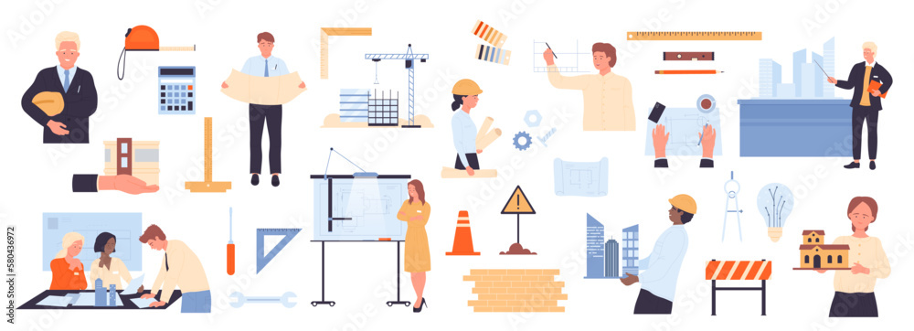 Architects job and projects set vector illustration. Cartoon engineers ...