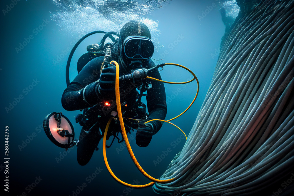 Diver underwater on inspepection of Submarine communications cable ...