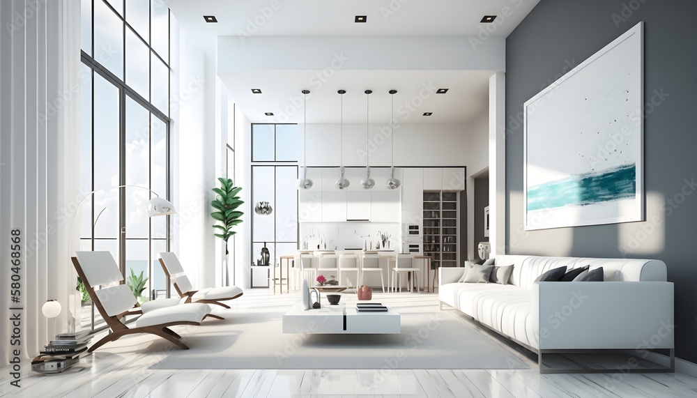 Elegant modern interior condominium with, contemporary Miami style architecture, white finish ...