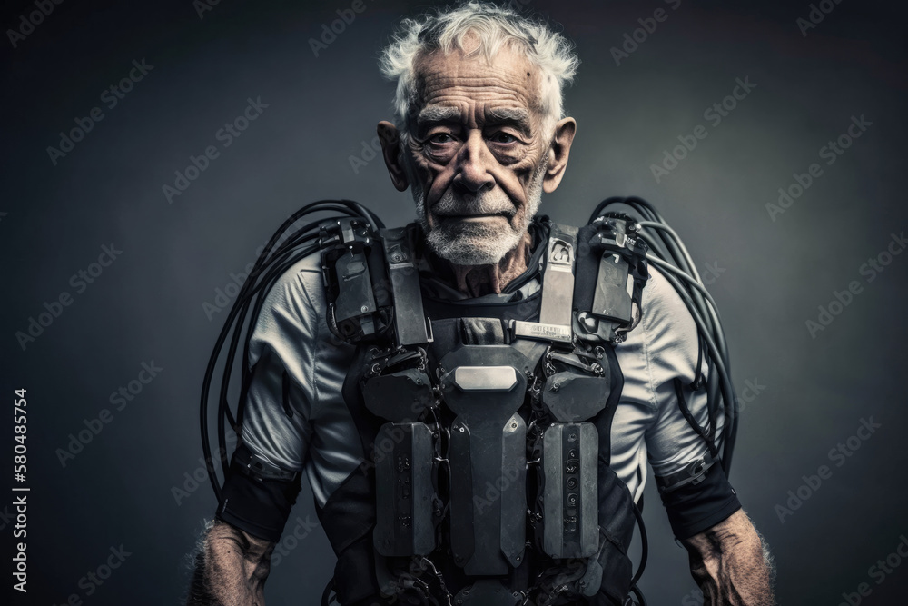 An old man wearing an exoskeleton suit. Modern aging concept. Created ...