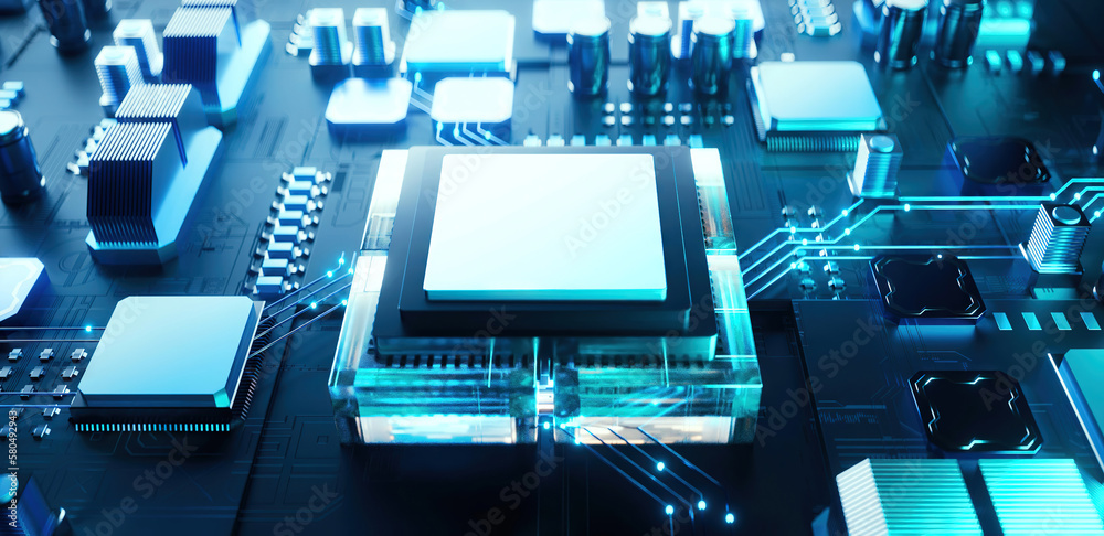 3D rendering of cyberpunk AI. Circuit board. Technology background ...