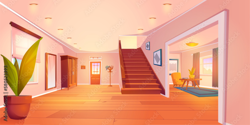 Cartoon house hallway and living room interior design with furniture ...