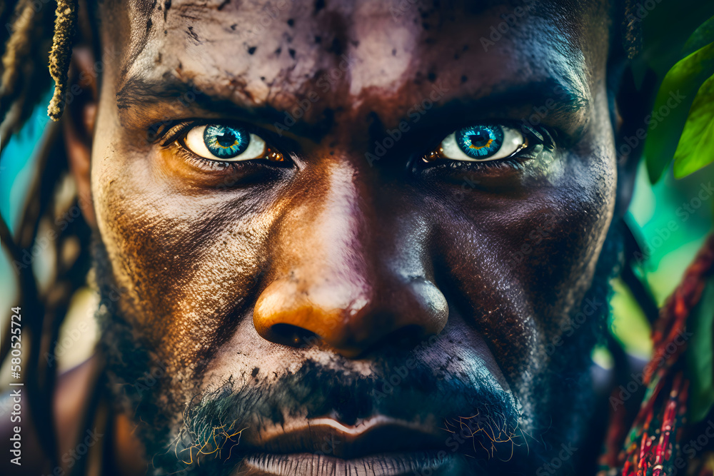 African American male face close-up, expressive look with blue eyes ...