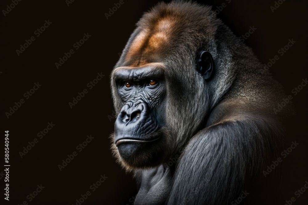 Portrait of a silverback male gorilla on a black background. This is ...