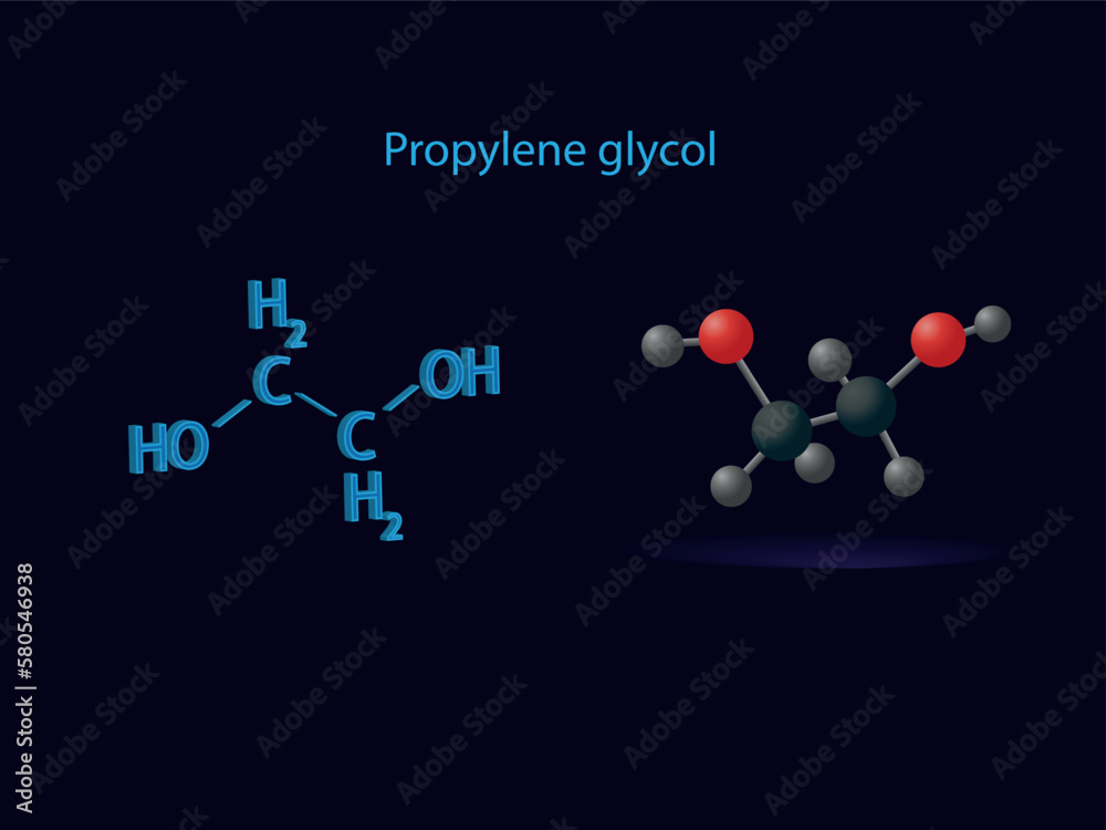 Propylene glycol. Structural chemical formula and 3d model of the ...