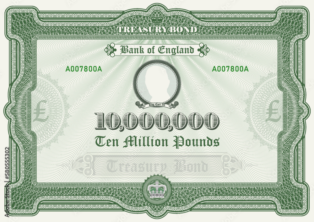 Vector fictitious ten million pounds treasury bond. Frame with a ...