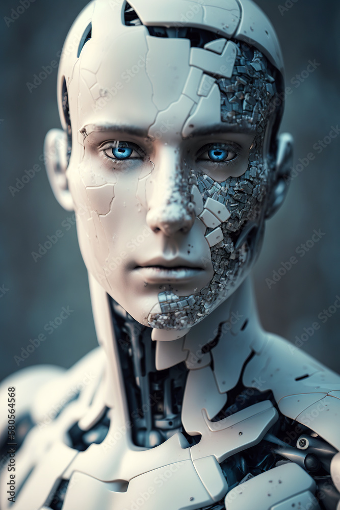 Porcelain white humanoid cyborg with blue glowing eyes. Android. AI ...