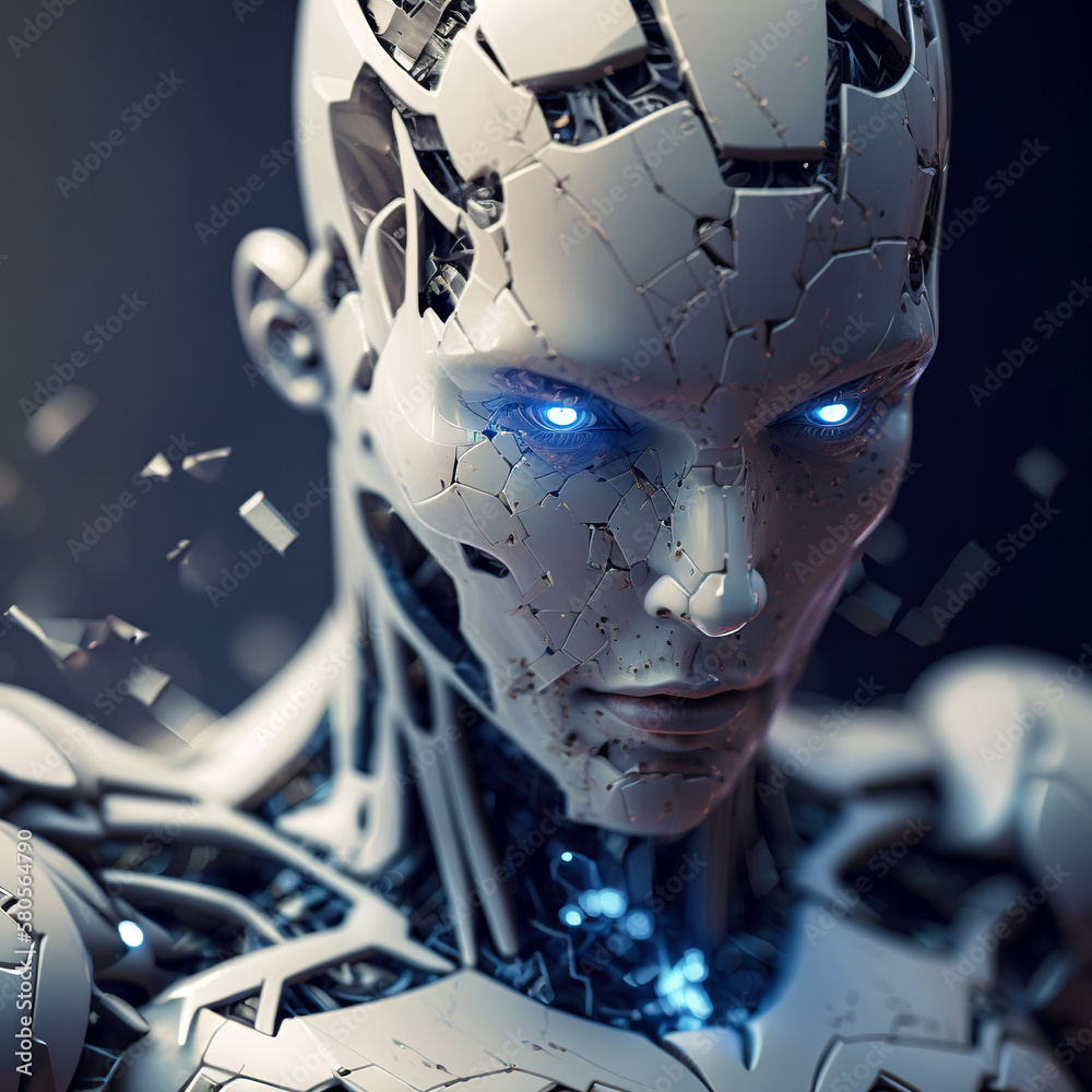 Porcelain white humanoid cyborg with blue glowing eyes. Android. AI ...