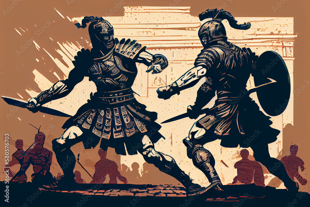 illustration of gladiators in ancient Rome, with a monochromatic color ...