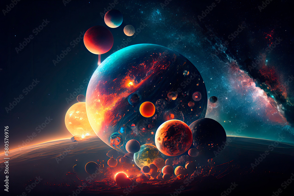 Generative AI illustration of round big planet surrounded by many small ...