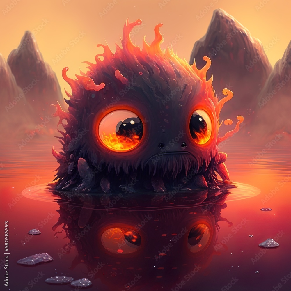 cute lava monster on water little with wondering eyes flame vapor ...