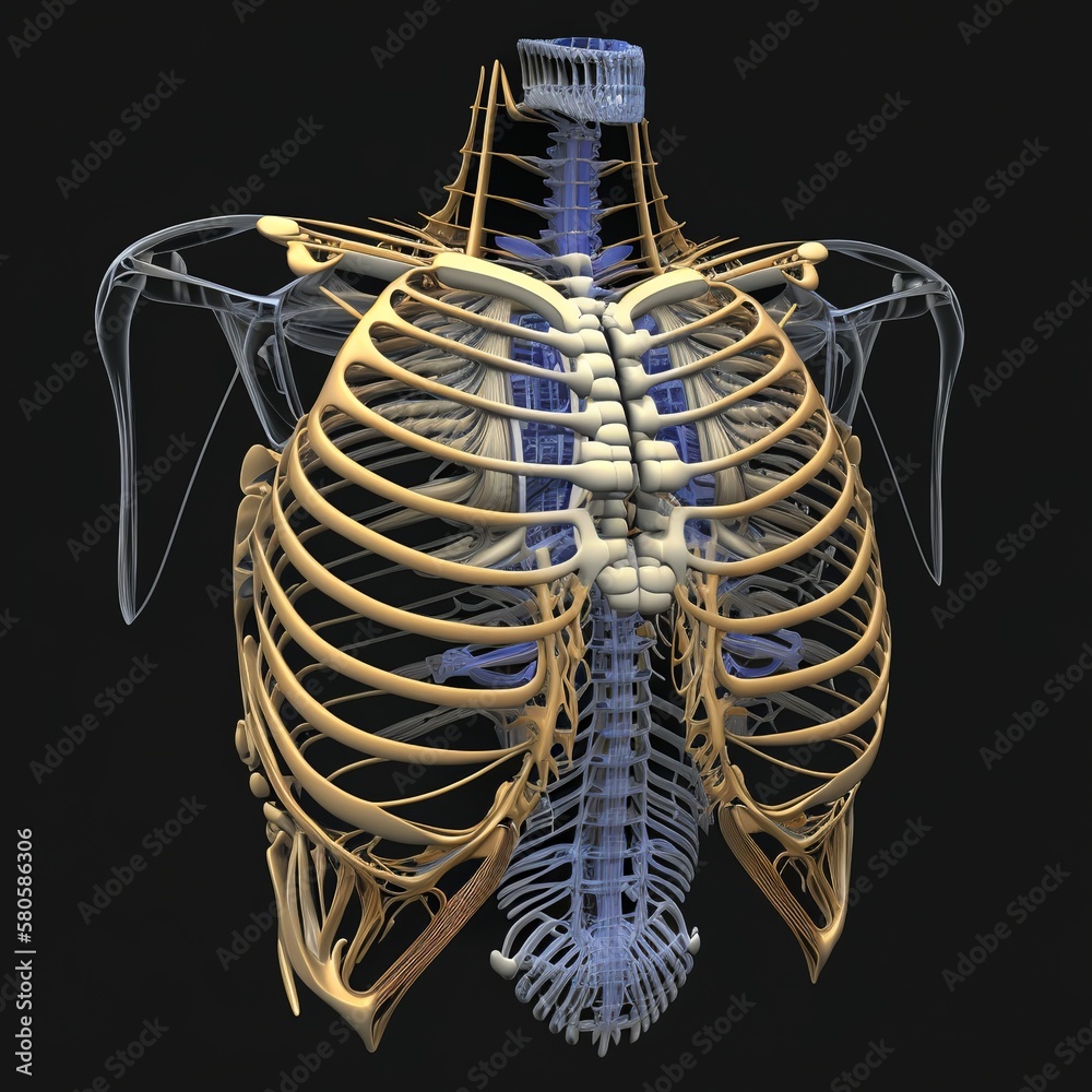 Rib cage anatomy 3D Illustration with wire frame skeleton autopsy ...