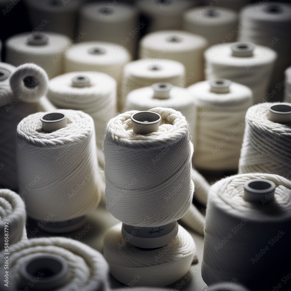 textile industry coils with white threads for creating fabrics yarn ...