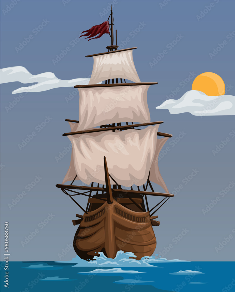Pirate Ship Wooden Ancient Watercraft Cartoon illustration Vector Stock ...