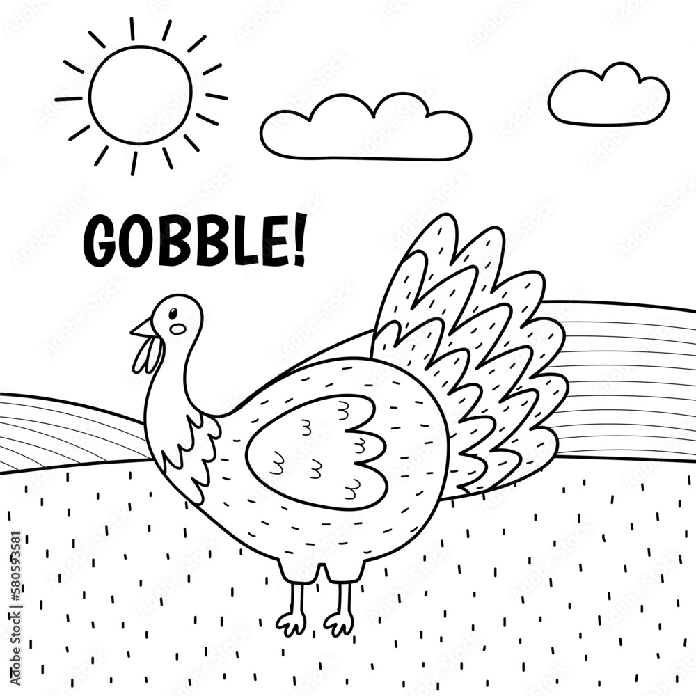 Turkey saying gobble black and white print. Cute farm character on a ...