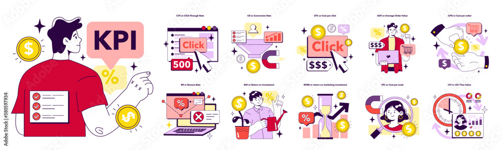 Vector de Stock Key performance indicators types set. KPI is an ...