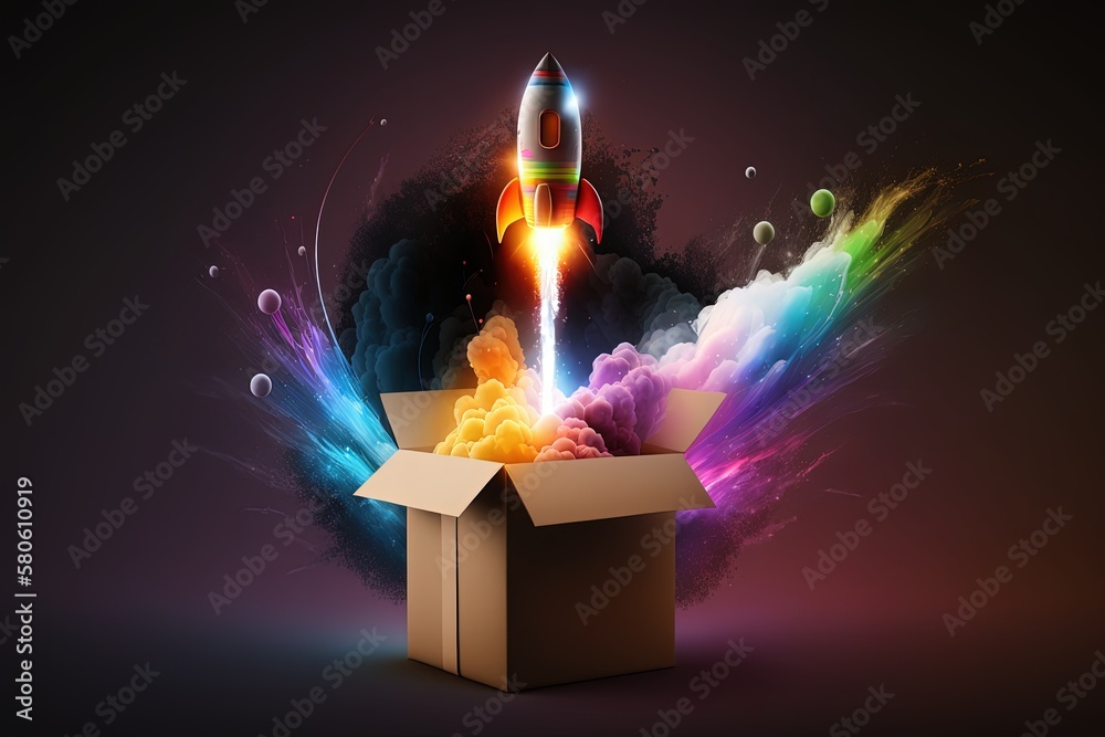 Cardboard box rocket illustration, logistics concept, black background ...