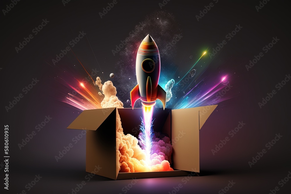 Cardboard box rocket illustration, logistics concept, black background ...