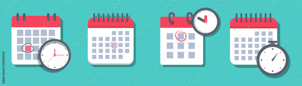 Set of deadline calendar with clock in a flat design Stock Vector ...