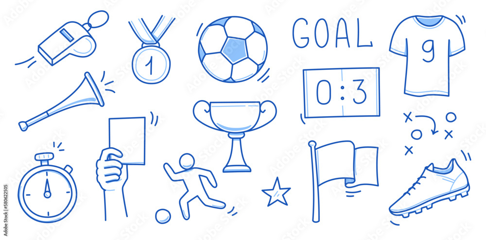 Doodle soccer element set. Football goal, award cup, soccer ball hand ...