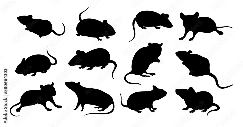 Mice silhouette, black rat icons, animal rodents set. Animal drawing in ...