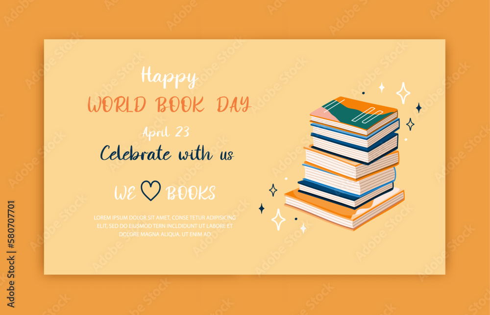 Banner template for world book day. Stack of books to read in flat ...
